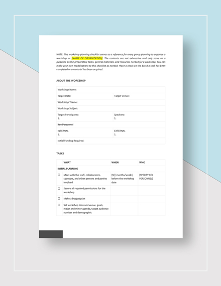 Workshop Planning Checklist Template - Google Docs, Word, Apple Pages ...