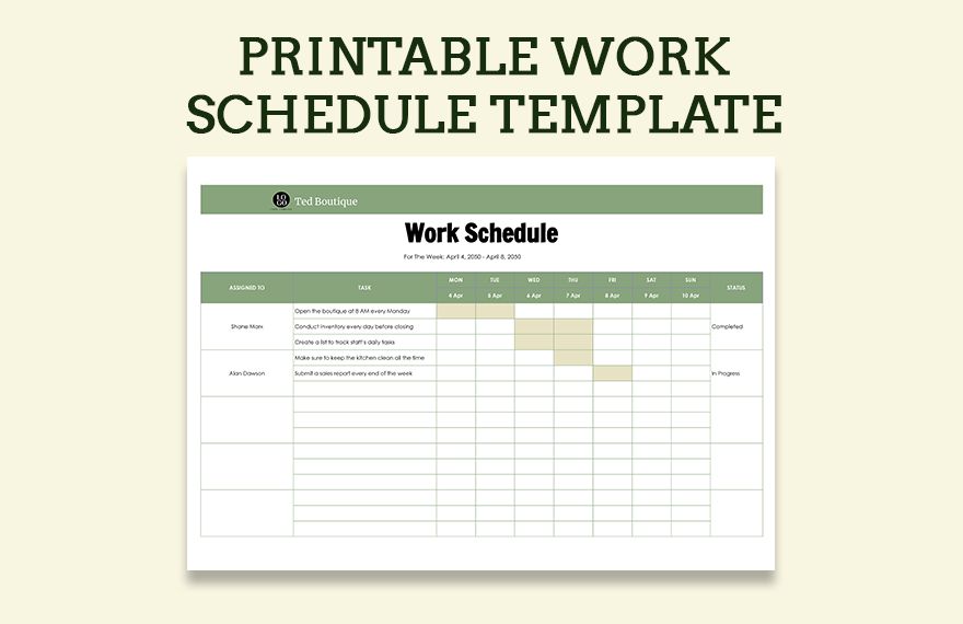 Printable Work Schedule Template Download In Excel Google Sheets 