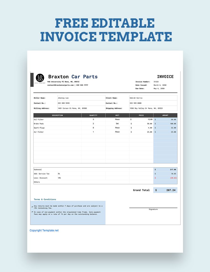 Free Editable Invoice Template Google Sheets Excel Template
