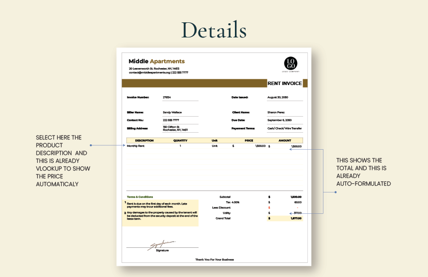 Rent Invoice Template - Download in Excel, Google Sheets | Template.net
