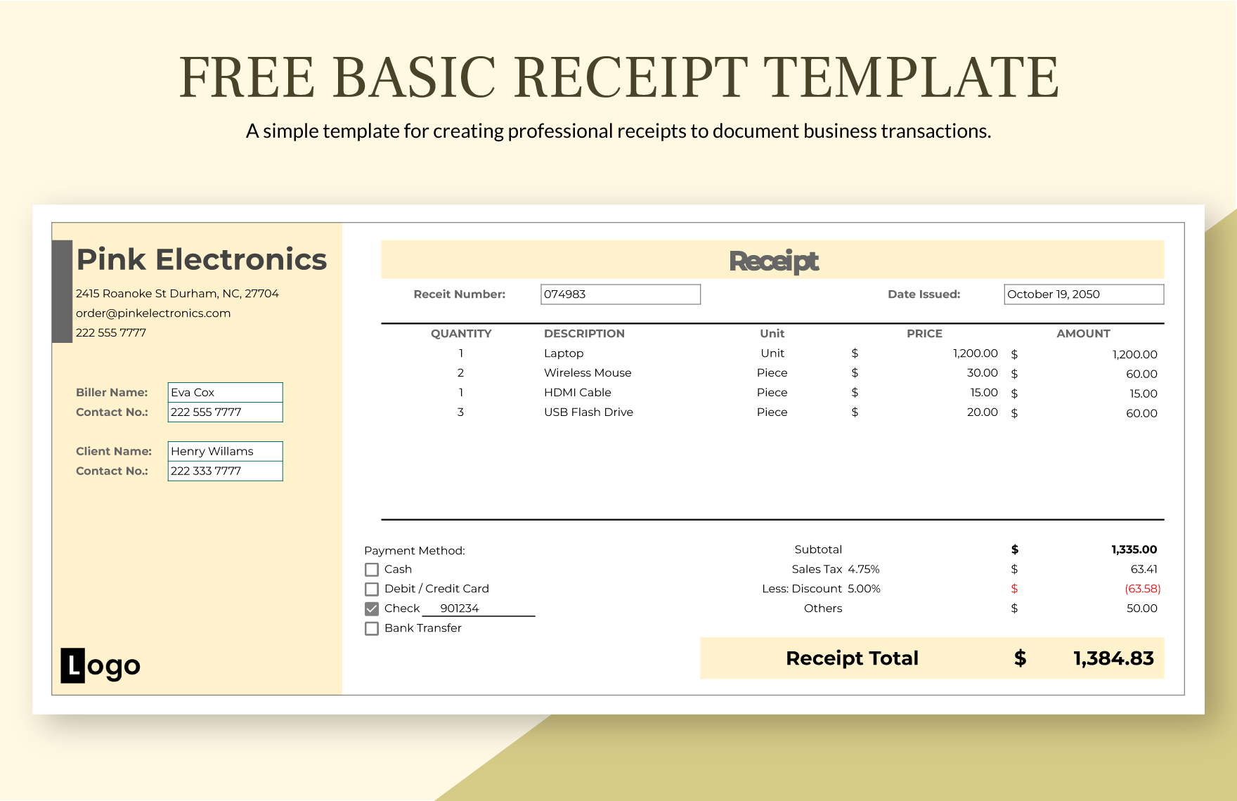 Free Basic Receipt Template - Download in Excel, Google Sheets ...