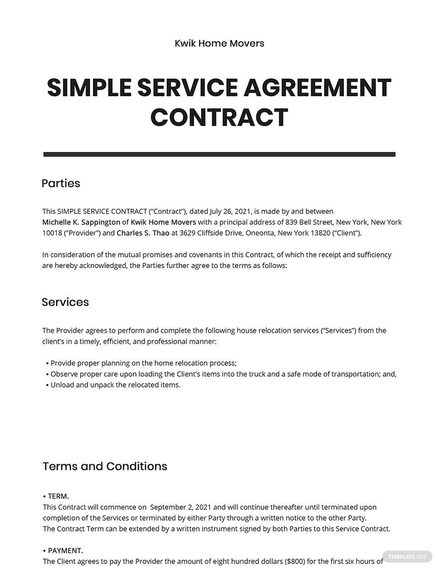 Simple Service Agreement Contract Template Google Docs Word PDF