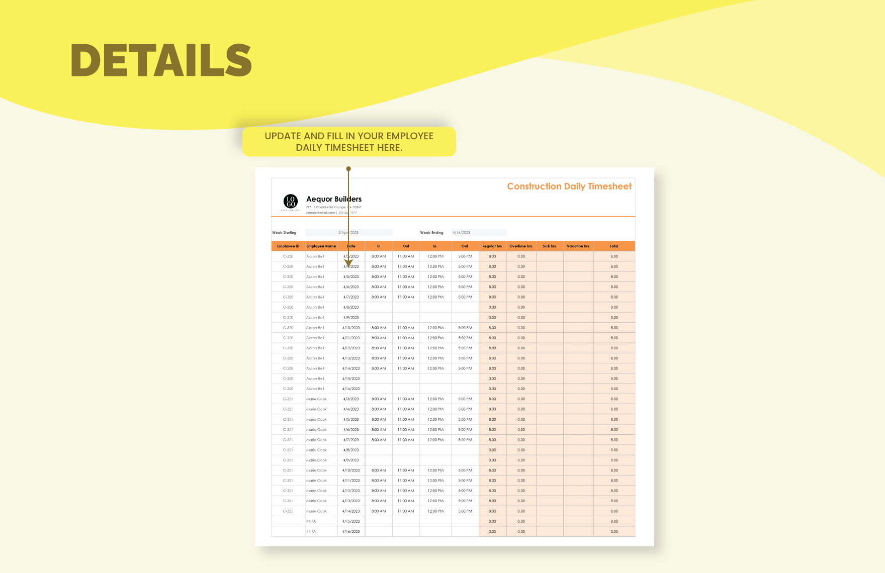 Construction Timesheet Template - Download in Excel, Google Sheets ...