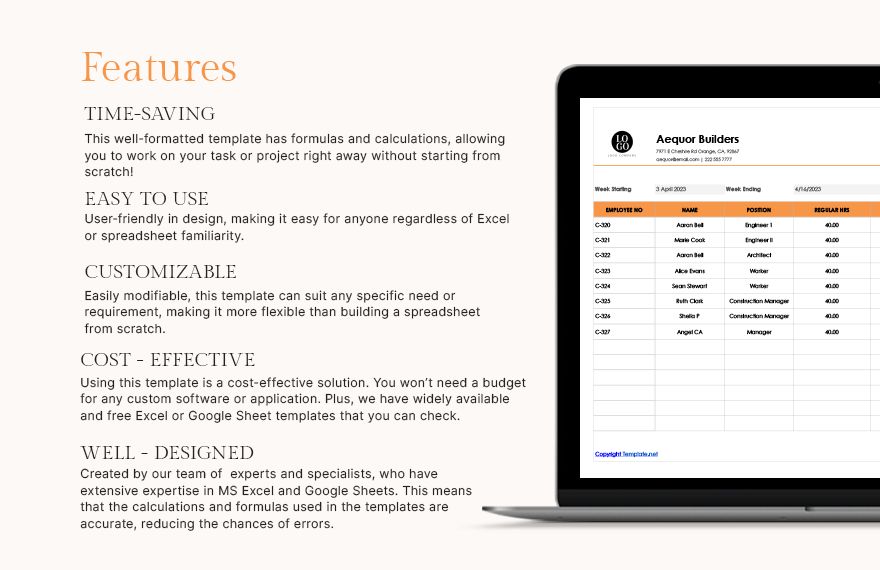 Construction Timesheet Template - Excel, Google Sheets | Template.net