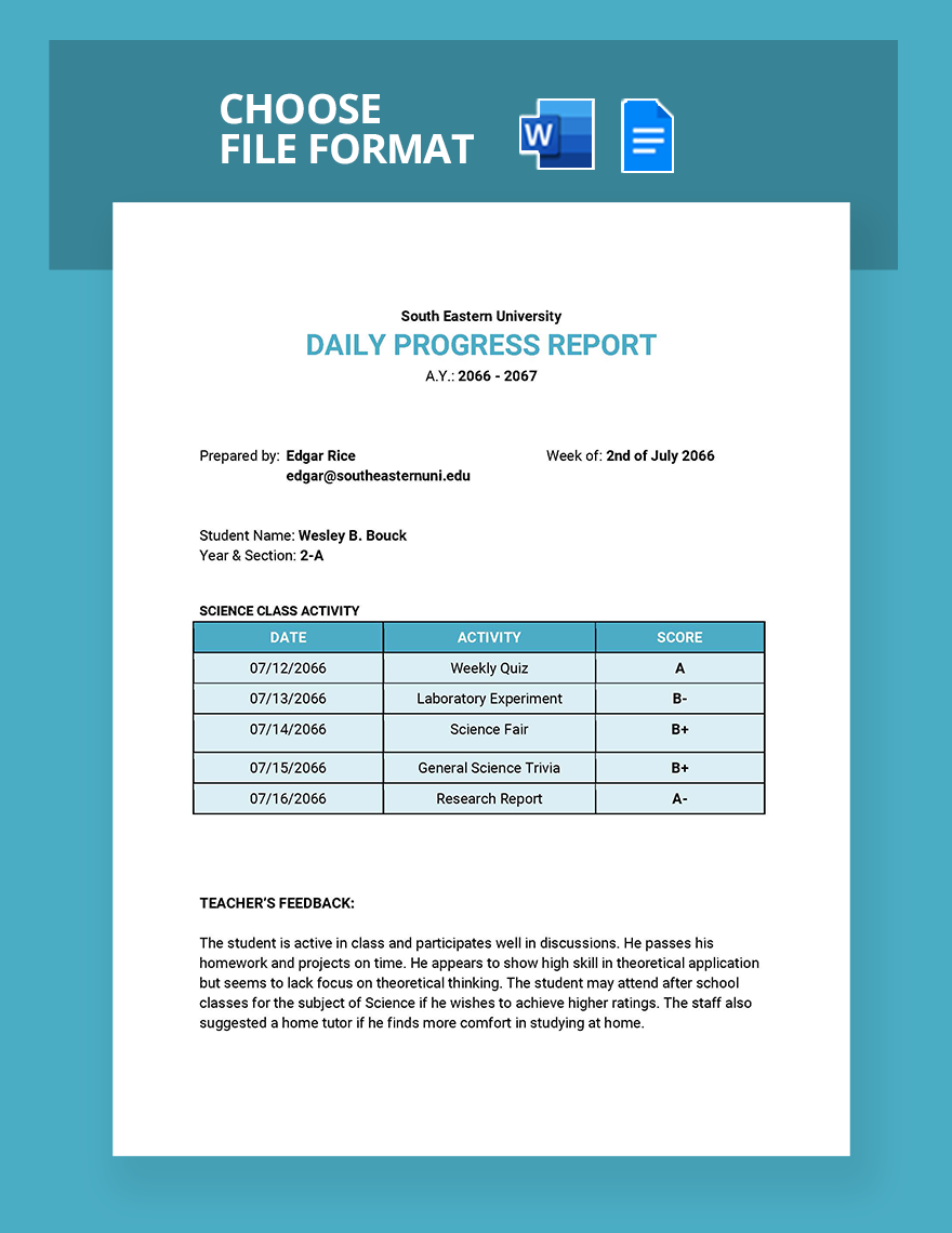 Daily Progress Report Card - Download in Word | Template.net