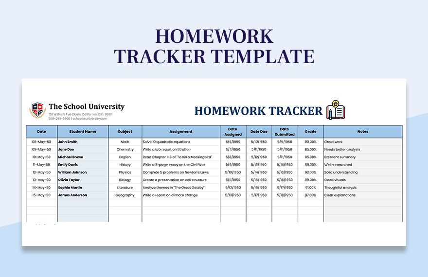 Homework Tracker Template In MS Excel Google Sheets Download