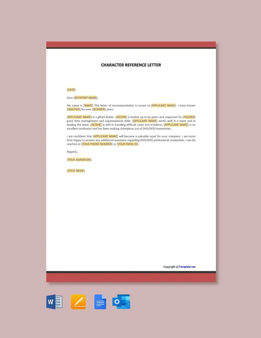 Free Character Reference Letter Template - Google Docs, Word, Outlook ...