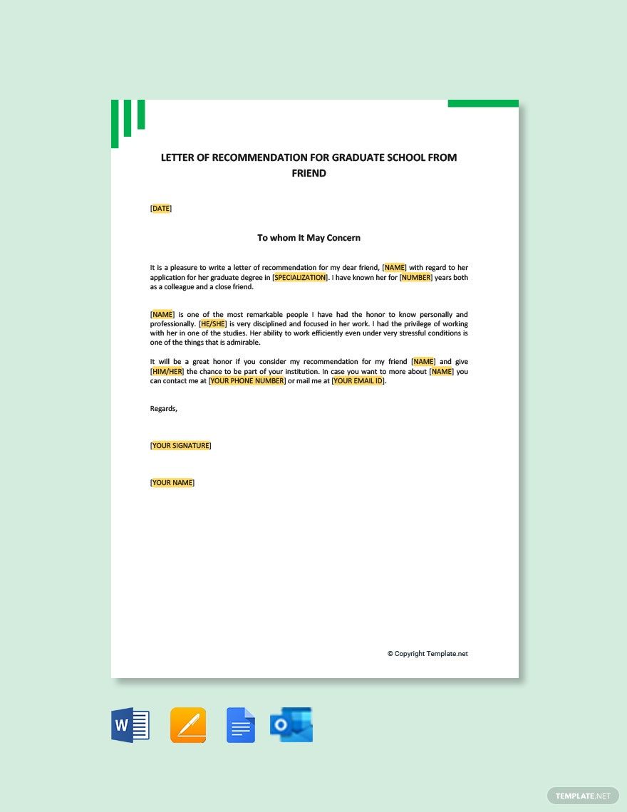 Letter Of Recommendation For Graduate School From Friend Template Google Docs Word Outlook 