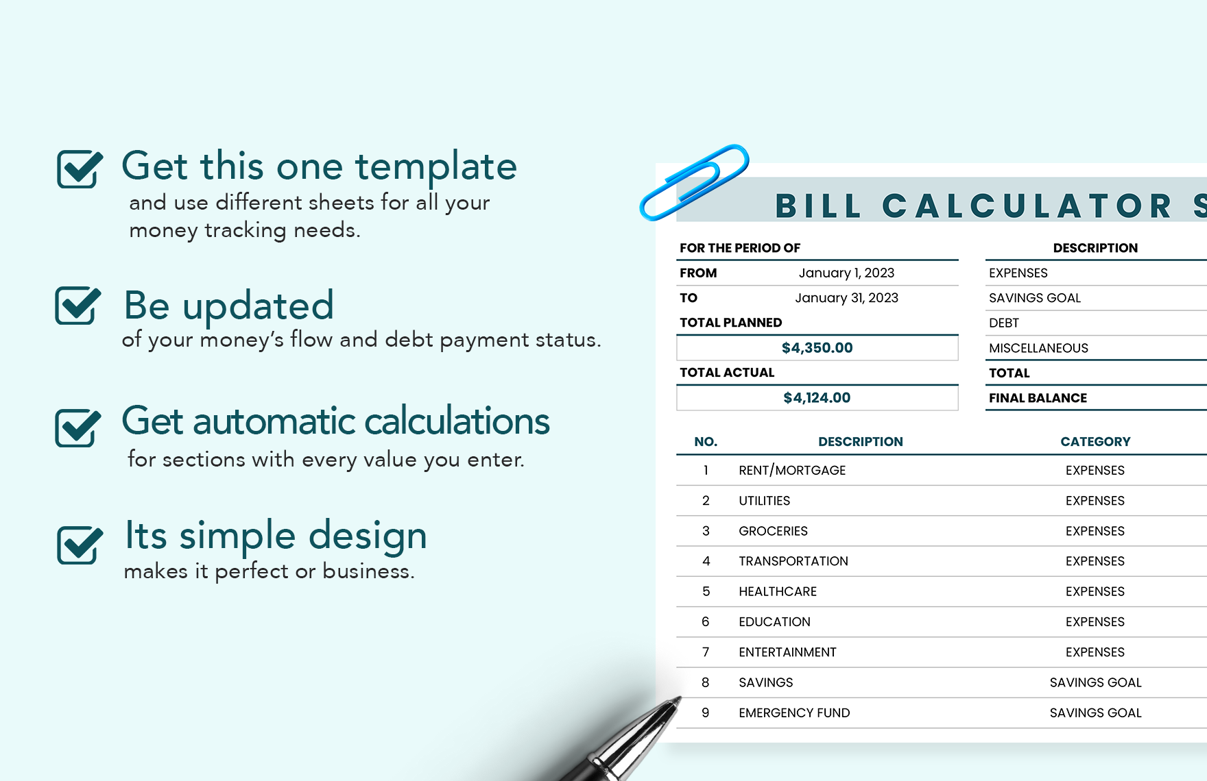Bill Calculator Sample Template - Download in Excel, Google Sheets | Template.net
