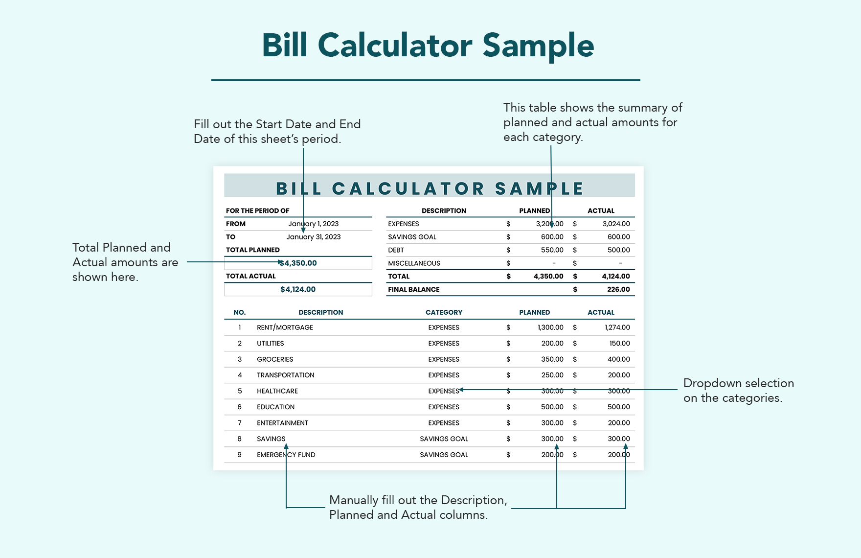 Bill Calculator Sample Template - Download in Excel, Google Sheets | Template.net