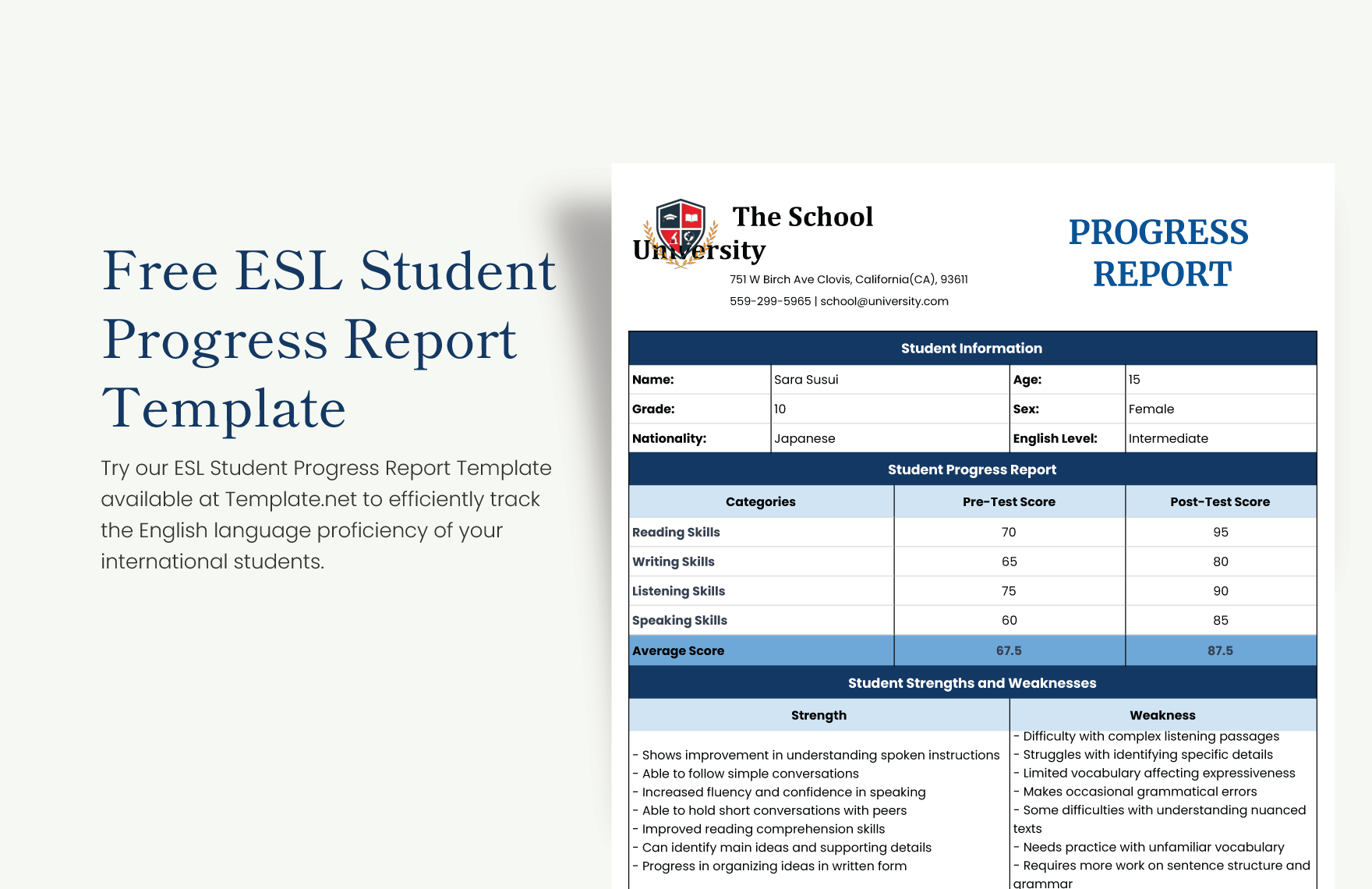 Free ESL Student Progress Report Template Download In Excel Google Sheets Template