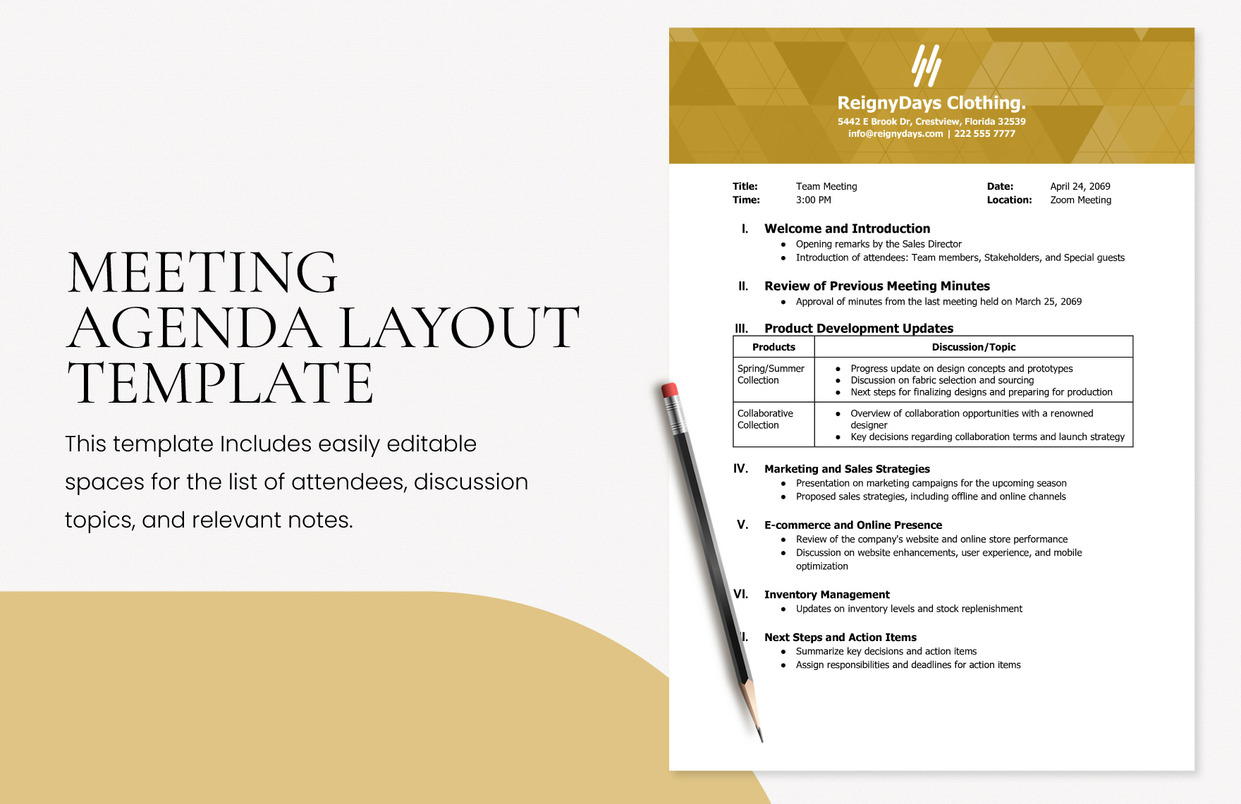 Meeting Agenda Layout Template Google Docs Word PDF Template