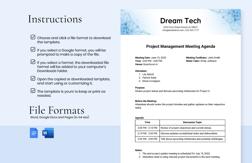 Project Management Meeting Agenda Template - Google Docs, Word ...