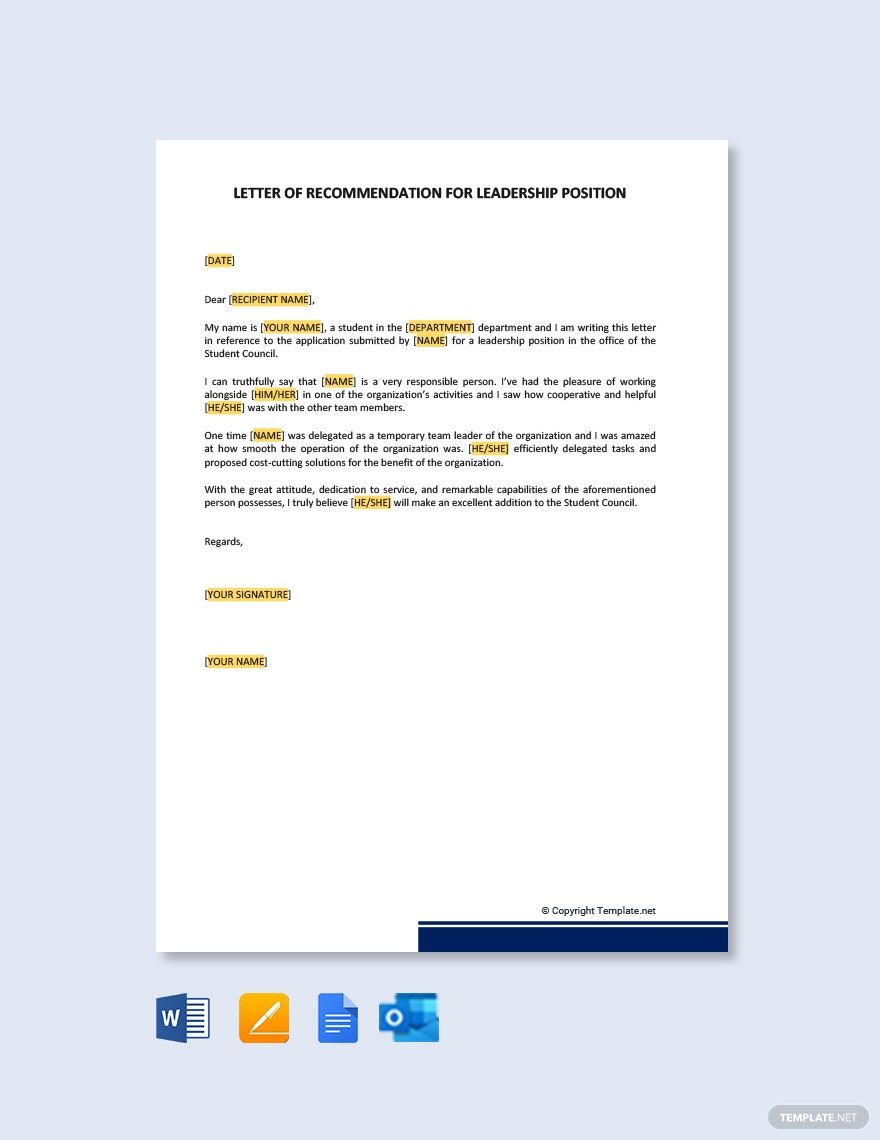 Free Letter Of Recommendation For Leadership Position Download In 