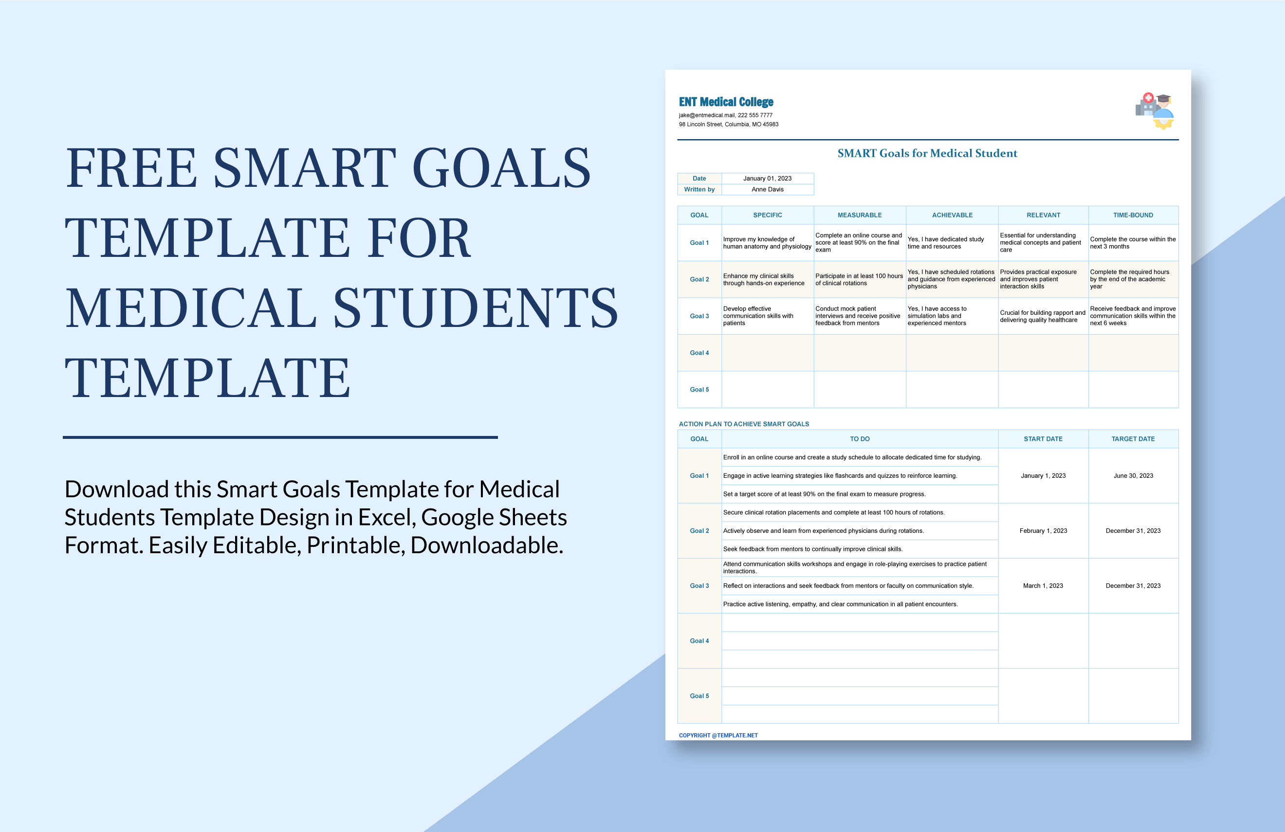 Free Smart Goals Template For Medical Students Template Excel Google 