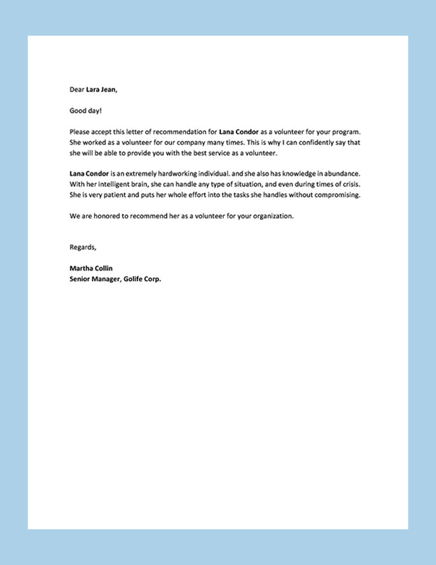 Volunteer Reference Letter Template Google Docs Word Template