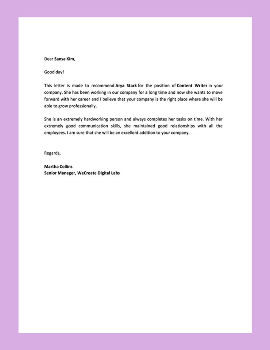 Work Reference Letter Template Google Docs Word Template