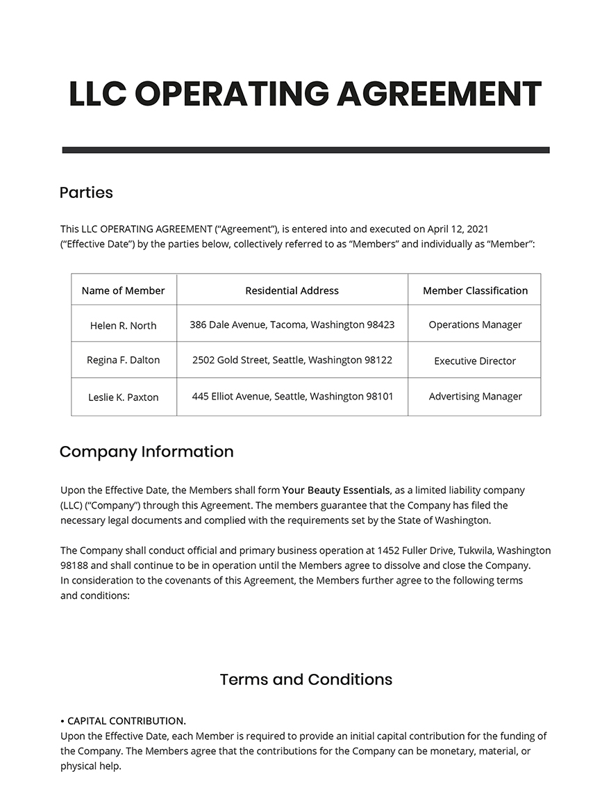 LLC Operating Agreement Template Google Docs Word Apple Pages 