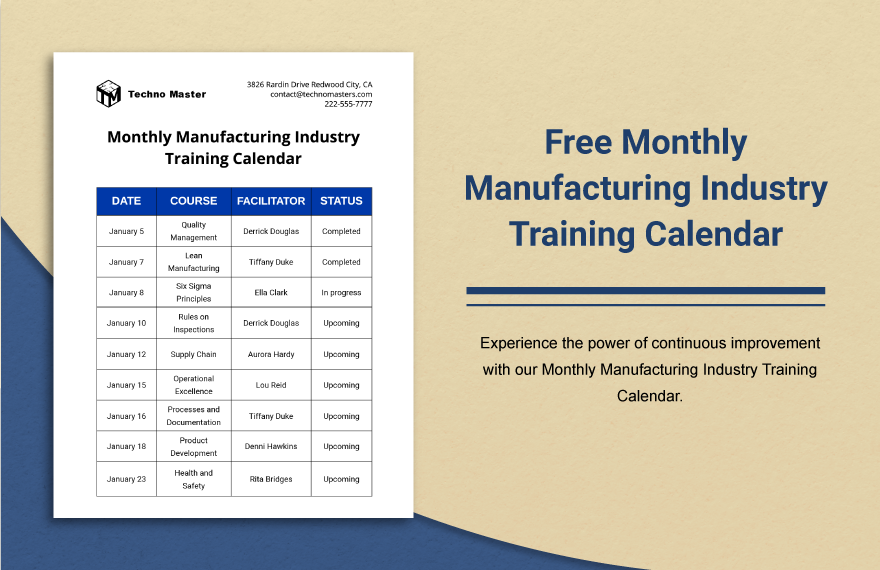 Free Monthly Manufacturing Industry Training Calendar Download In Free Monthly Manufacturing Industry Training Calendar Download In