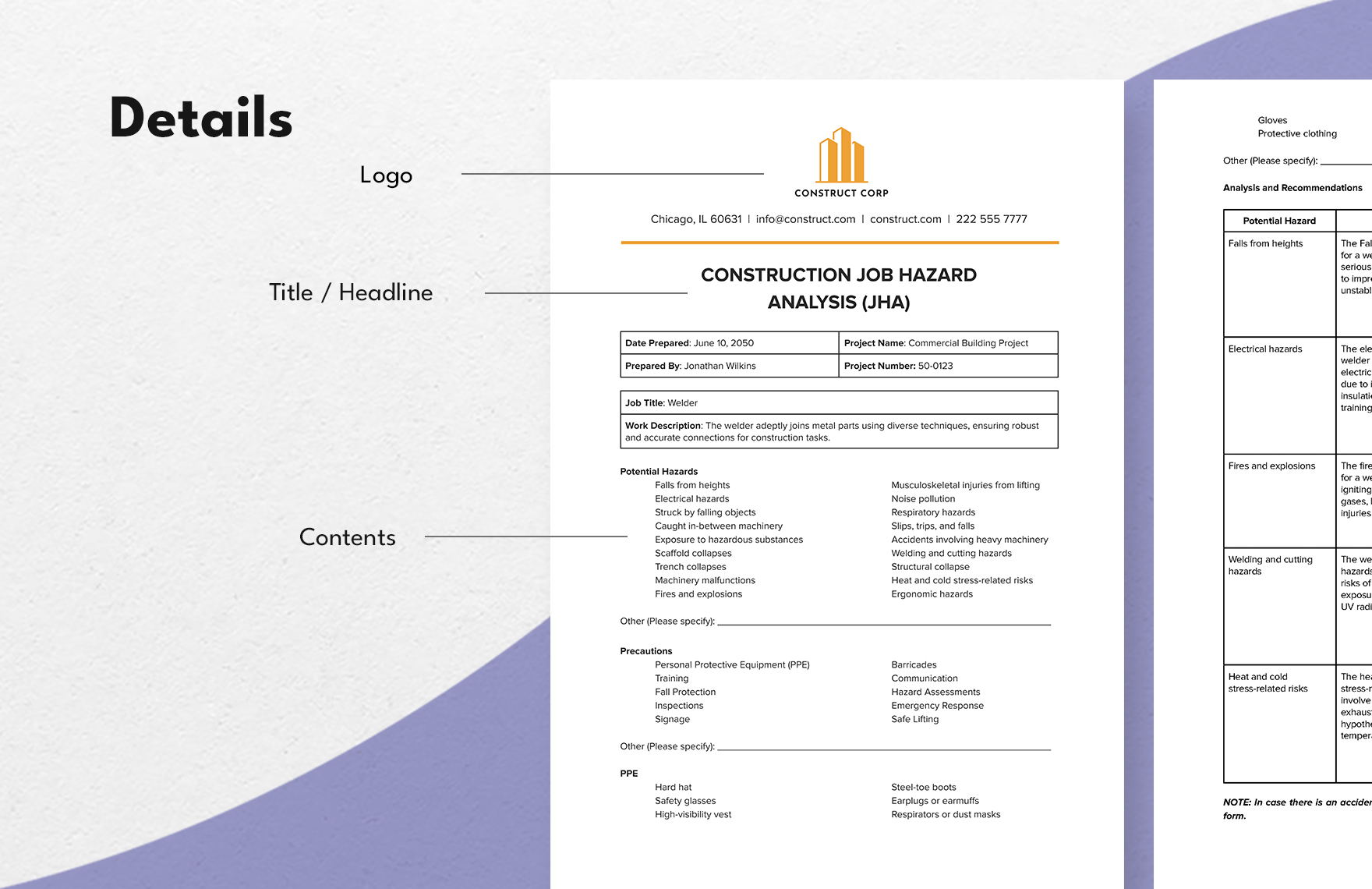 Construction Job Hazard Analysis JHA Form Template In Word Google