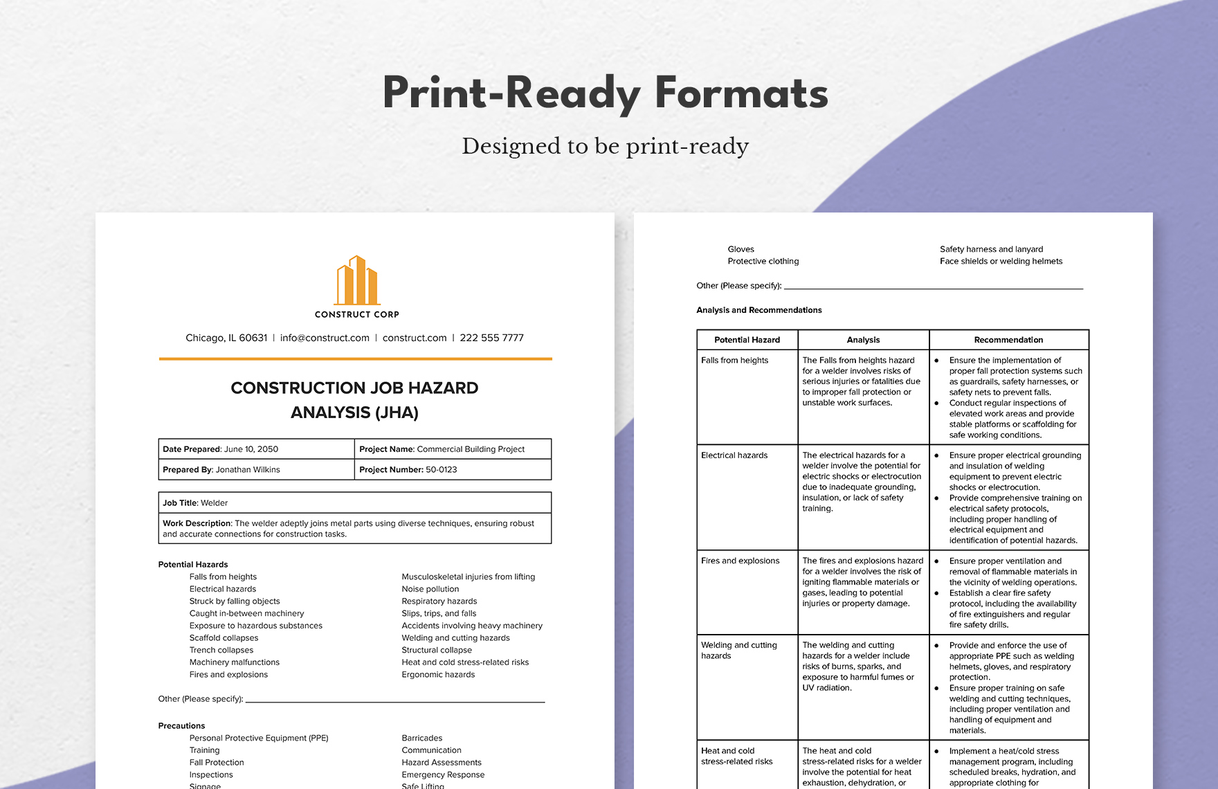 Construction Job Hazard Analysis JHA Form Template In Word Google
