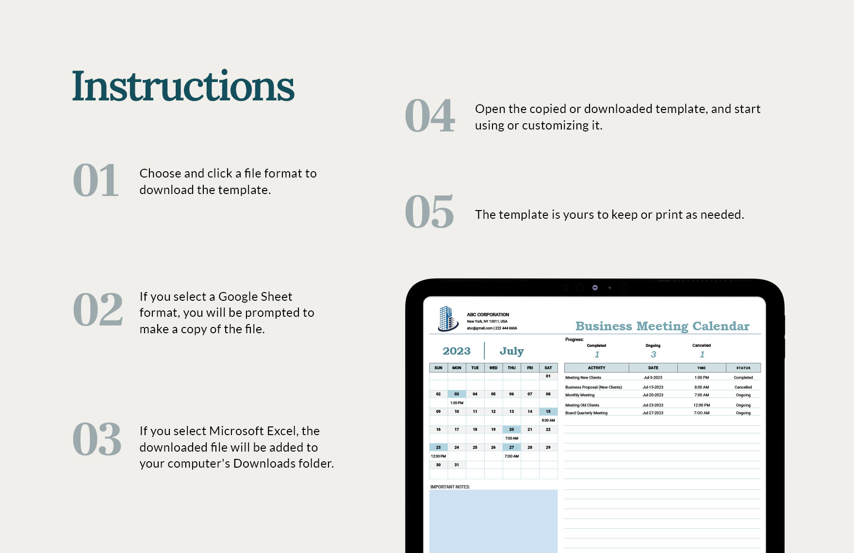 Business Meeting Calendar Template in MS Excel, Google Sheets - Download