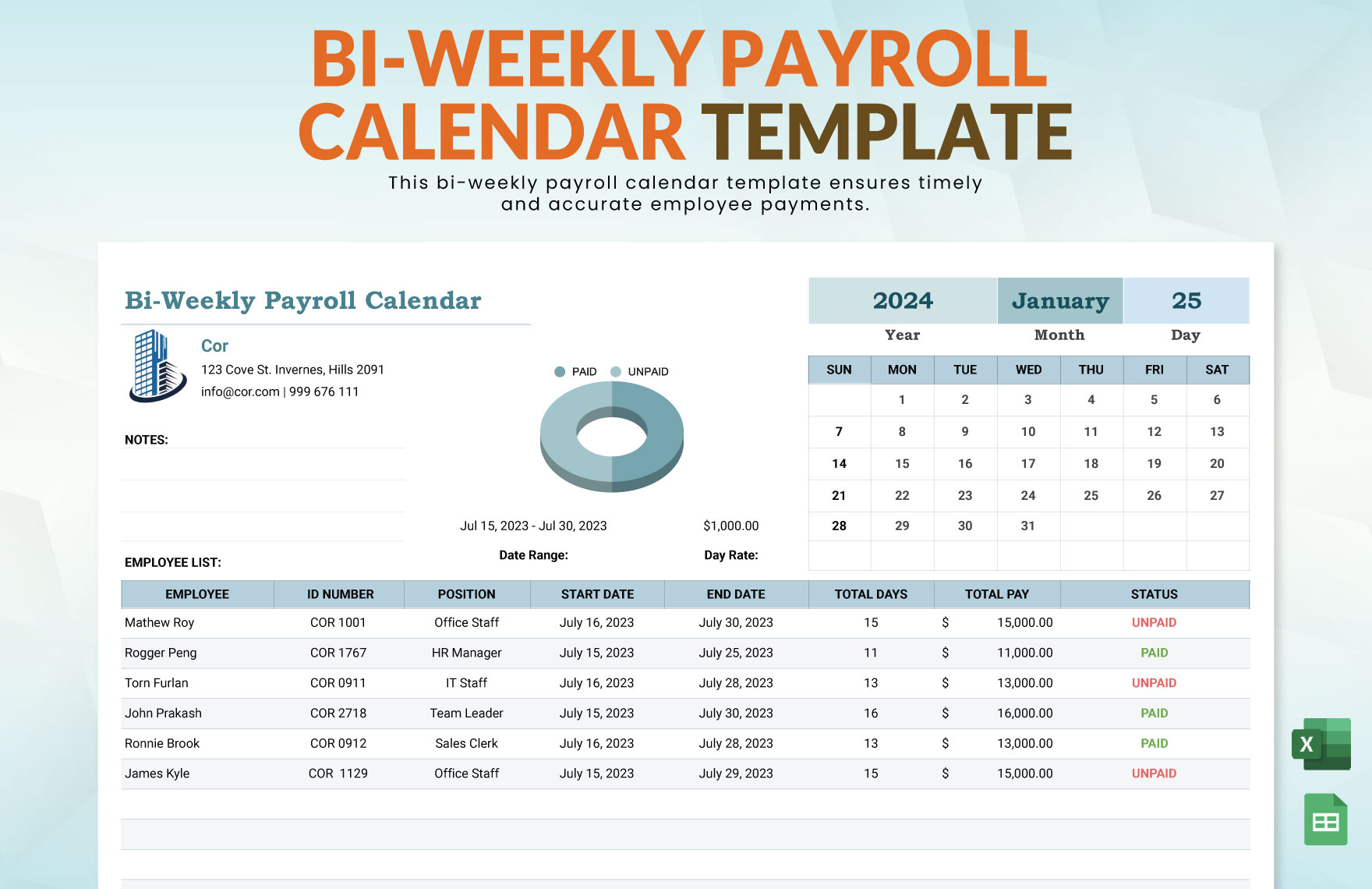 Bi-Weekly Payroll Calendar Template in Excel, Google Sheets - Download | Template.net