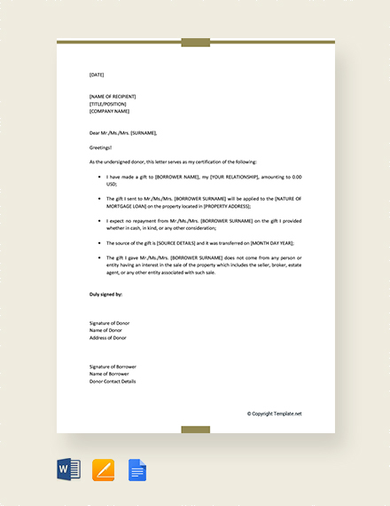 FREE Mortgage Gift Letter Template Template Word Google Docs 