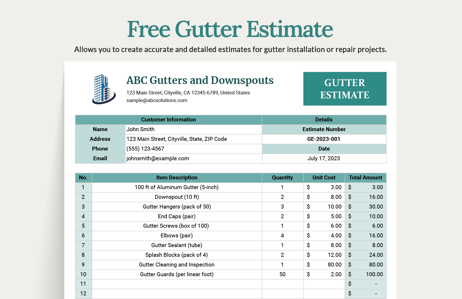 Free Gutter Estimate Template Download In Excel Google Sheets 
