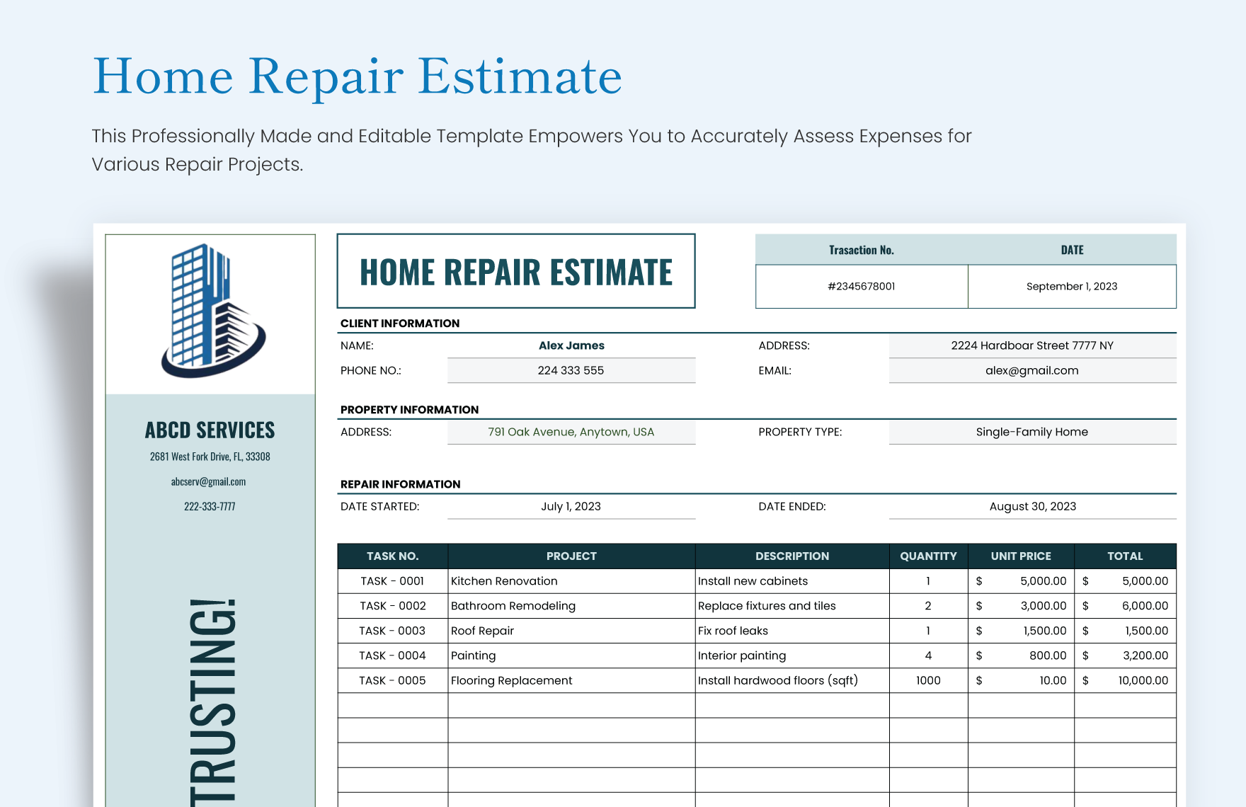 Home Repair Estimate Template Download In Excel Google Sheets Home Repair Estimate Template Download In Excel Google Sheets