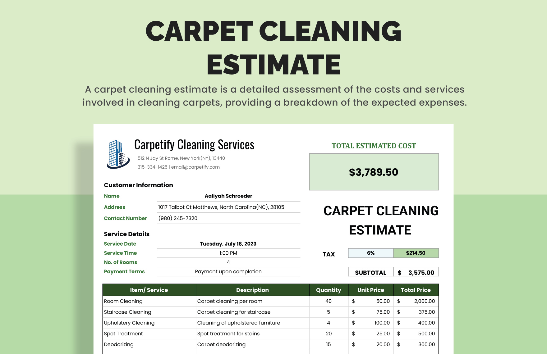 Carpet Cleaning Estimate Template Download In Excel Google Sheets 
