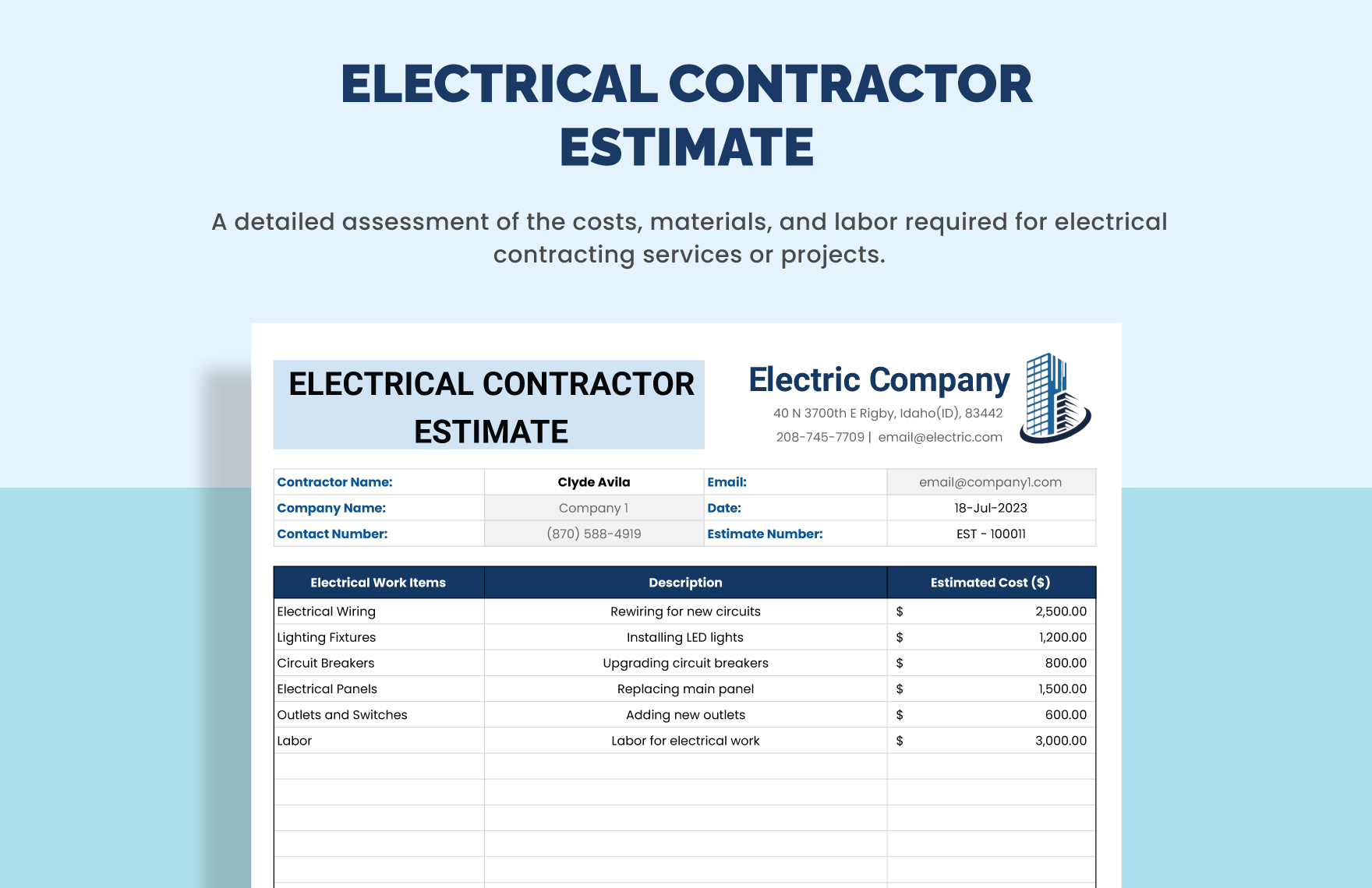Electrical Contractor Estimate Template Download In Excel Google