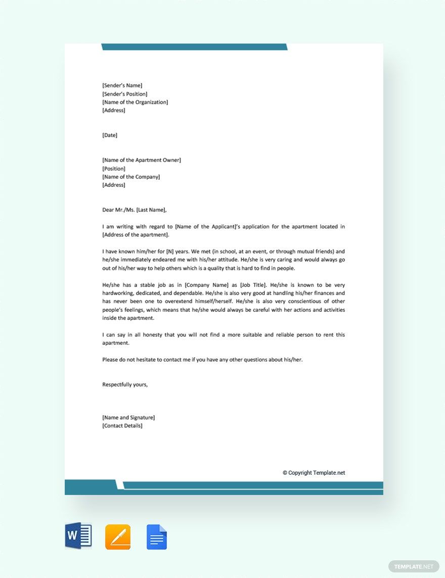 Reference Letter For Apartment Template Google Docs Word Apple 