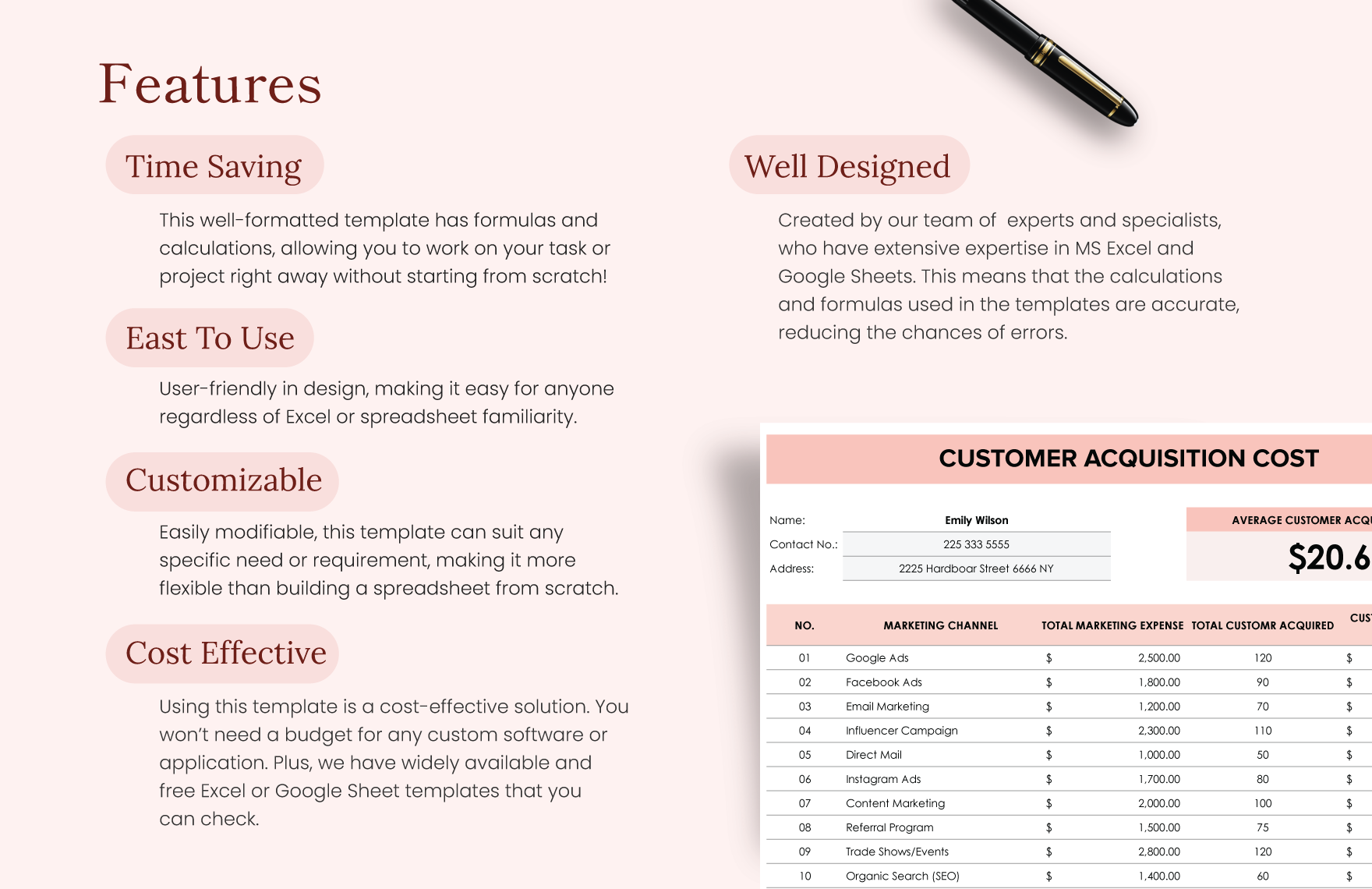 Customer Acquisition Cost Template - Download in Excel, Google Sheets ...