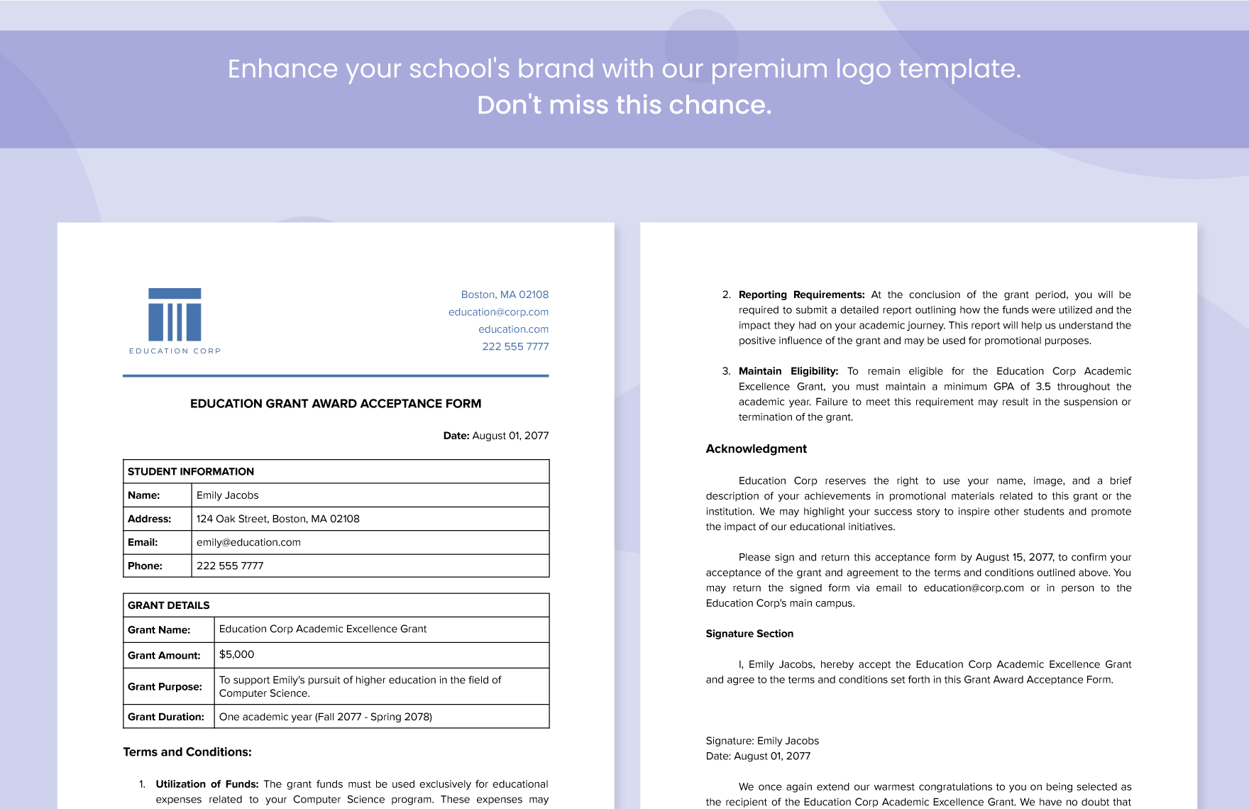 Education Grant Award Acceptance Form Template - Download in Word ...