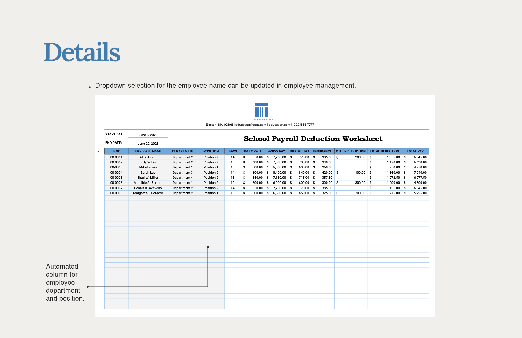 School Payroll Deductions Worksheet Template - Download in Excel ...