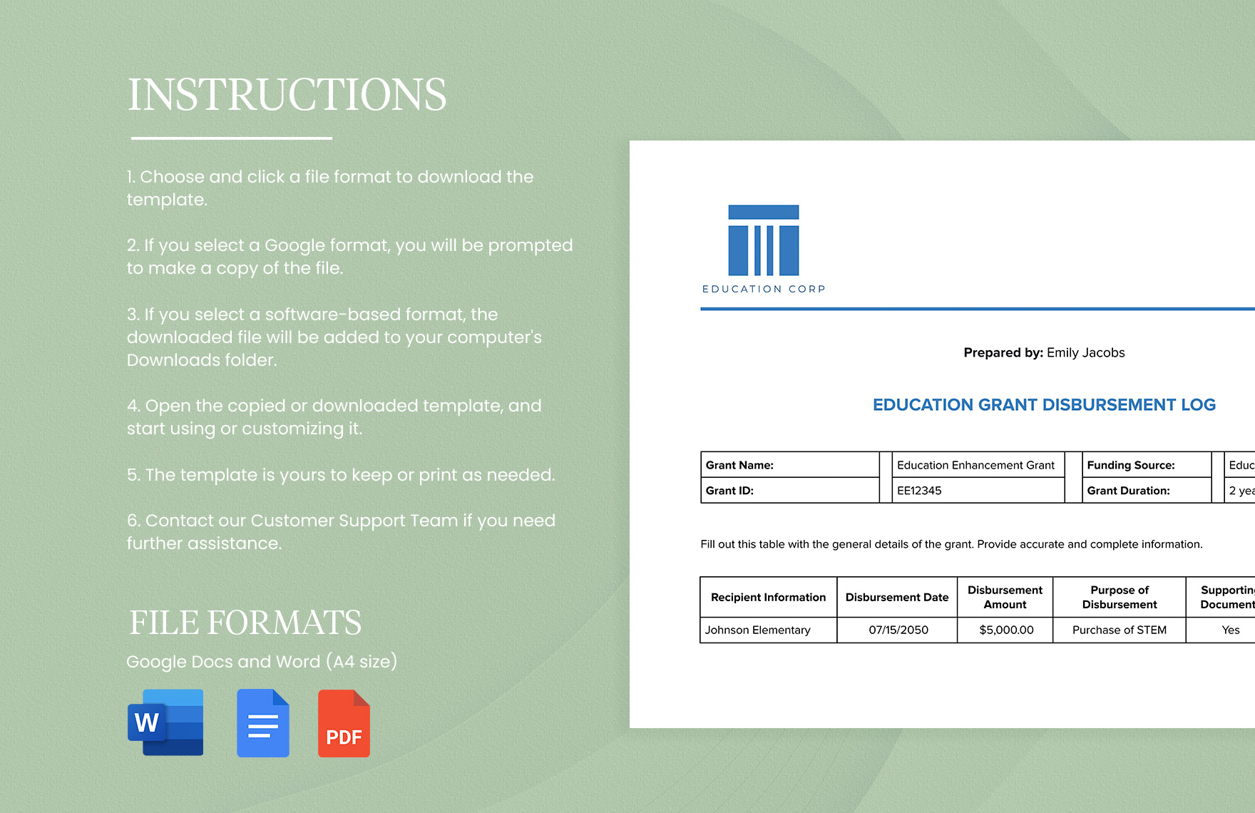 Education Grant Disbursement Log Template In Word PDF Google Docs