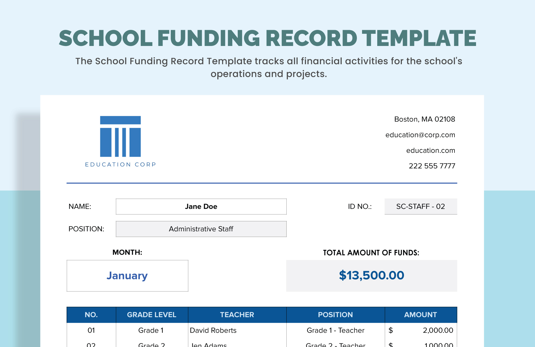 School Funding Record Template - Download in Excel, Google Sheets ...