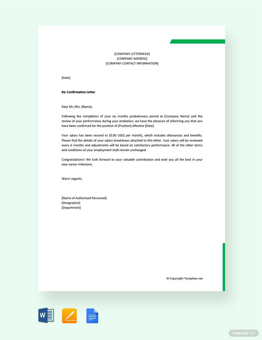 Company Confirmation Letter Template Google Docs Word Apple Pages Template