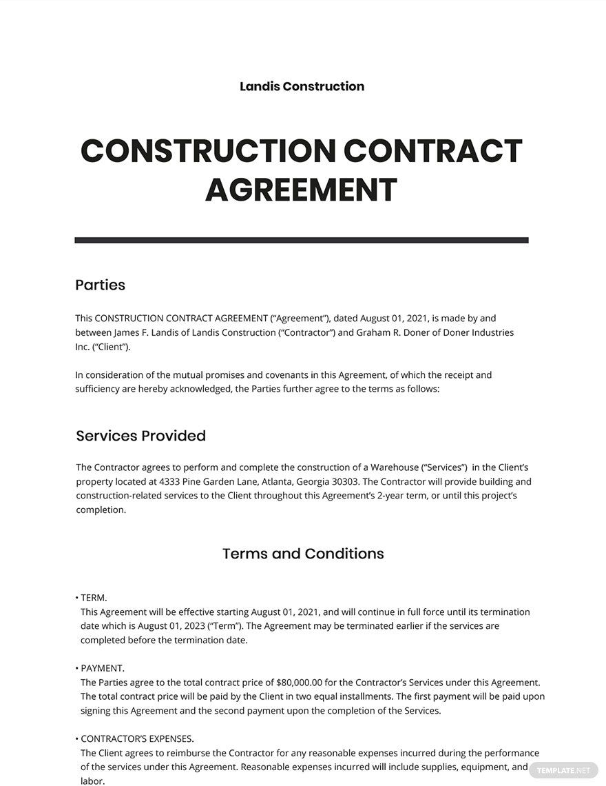 Construction Contract Agreement Template Google Docs Word Apple 