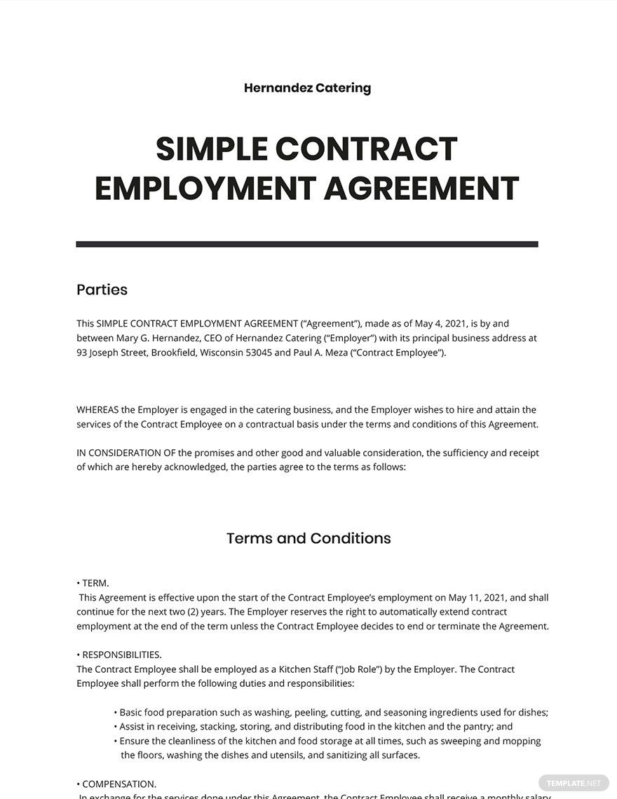 Simple Contract Employment Agreement Template Google Docs Word 