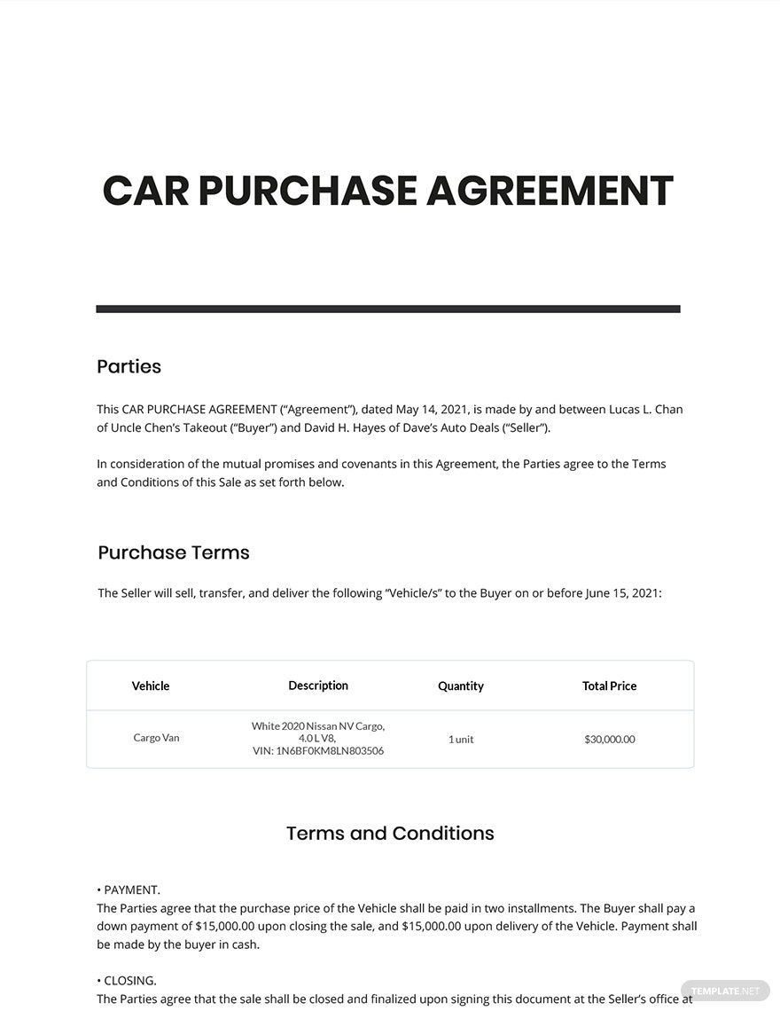 Car Purchase Agreement Template Google Docs Word Apple Pages 