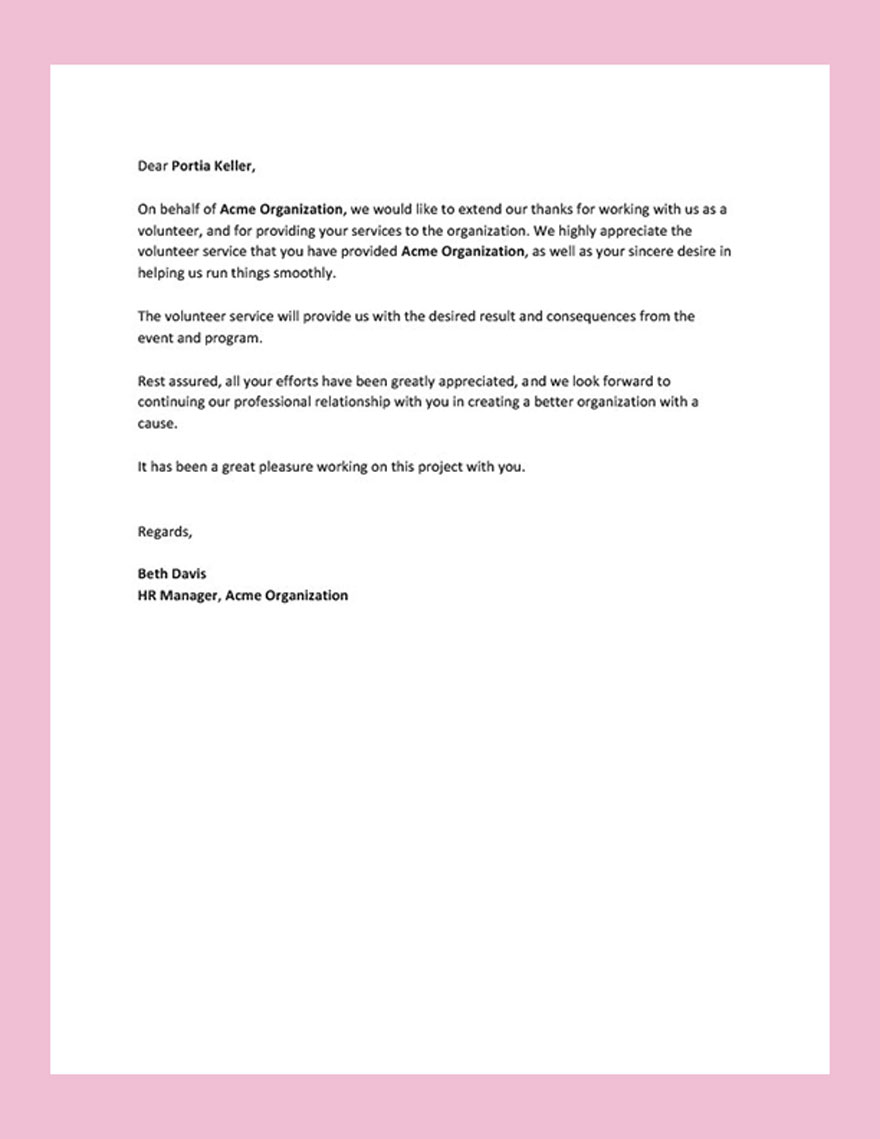 Volunteer Thank You Letter Template Google Docs Word Template