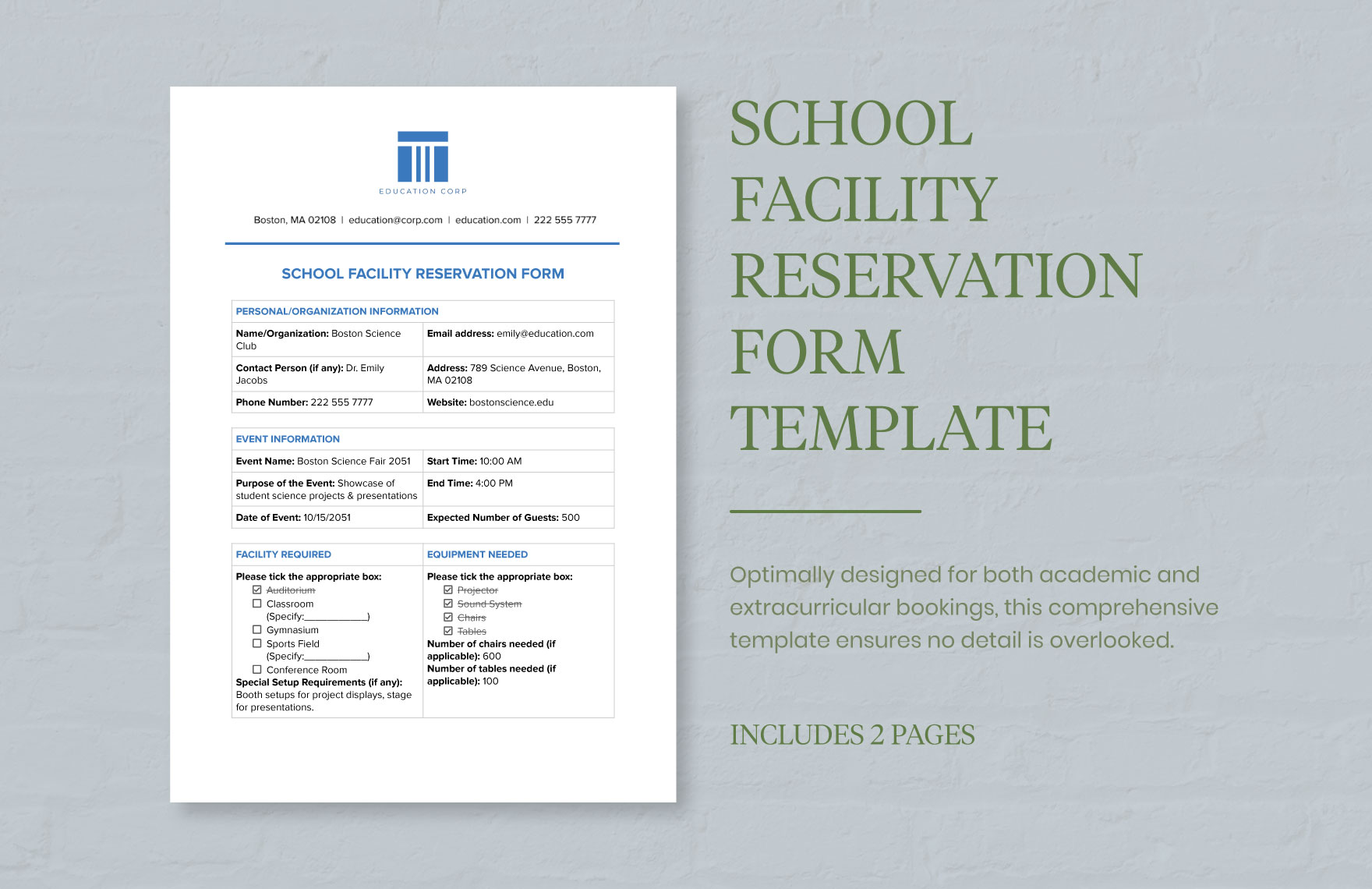 School Facility Reservation Form Template - Download in Word, Google ...