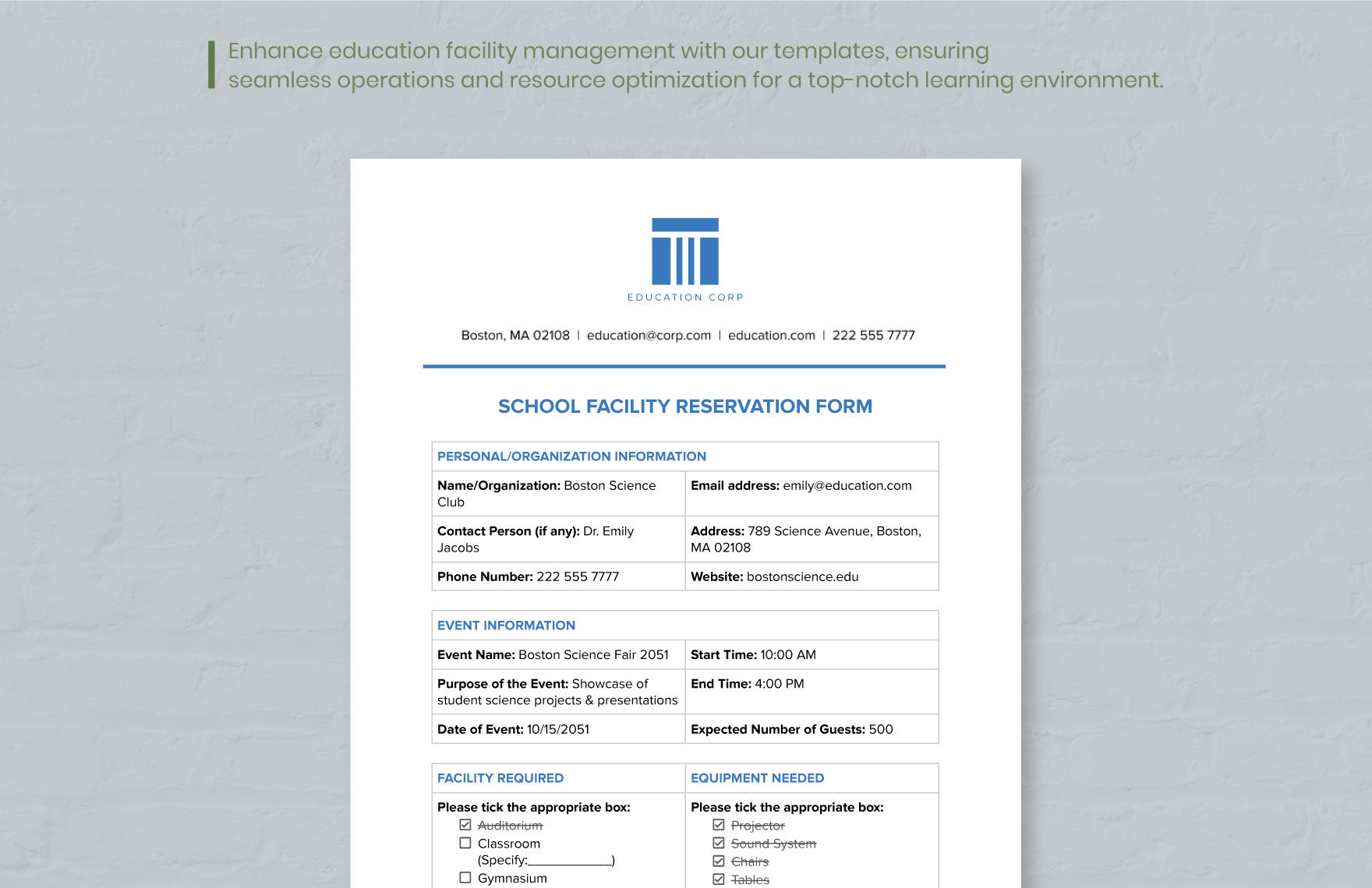 School Facility Reservation Form Template - Download in Word, Google ...