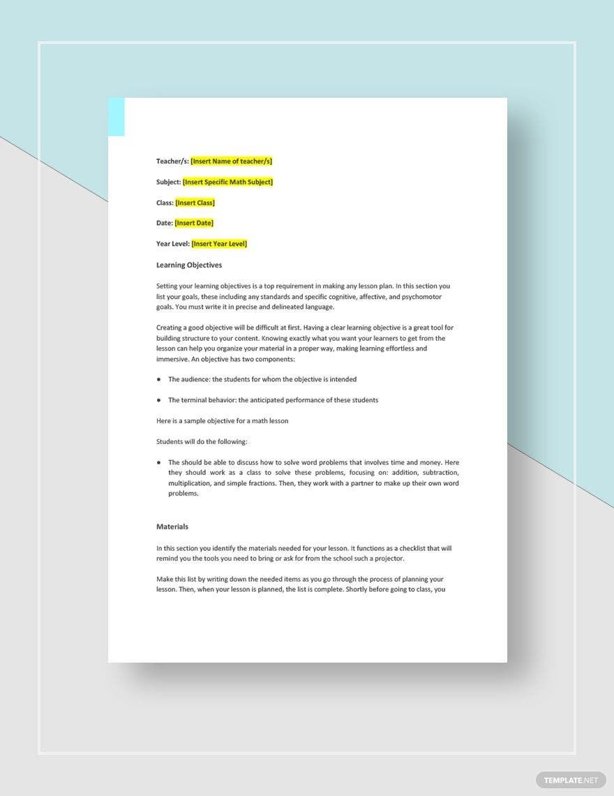 Math Lesson Plan Template Google Docs Word Apple Pages Template