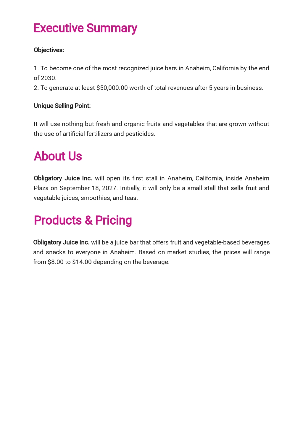 Juice Bar Business Plan Template Free