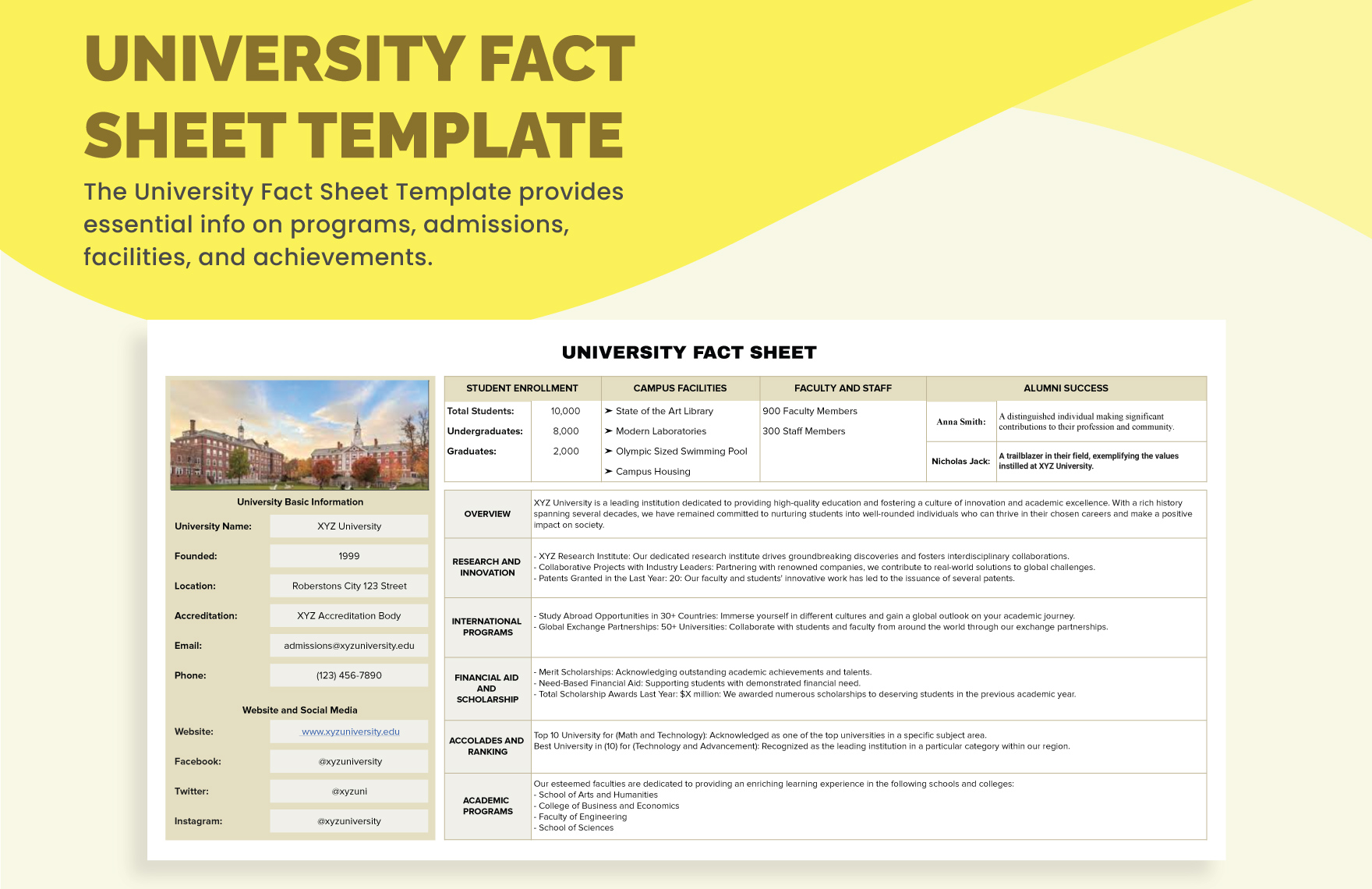 University Fact Sheet Template Download In Excel Google Sheets