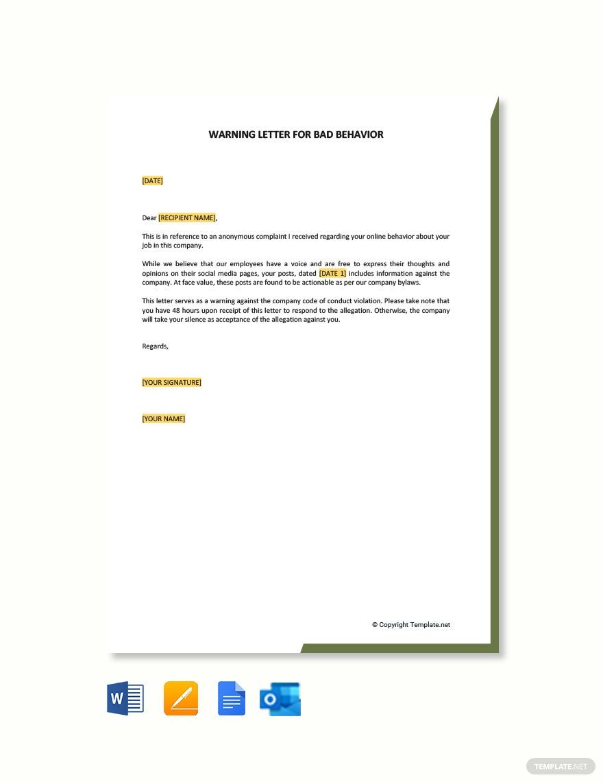 Warning Letter For Rude Behavior Template - Google Docs, Word, Apple ...