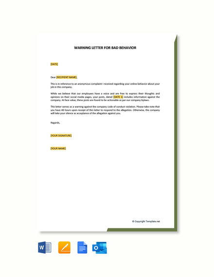 FREE Behavior Warning Letter Template - Word | Google Docs | Apple ...